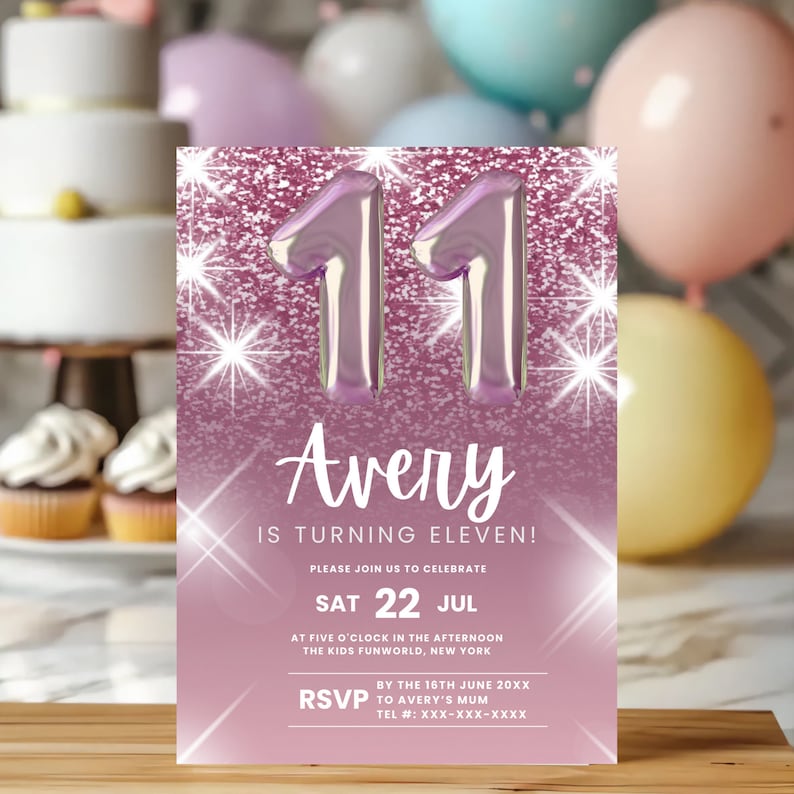Editable 11th Birthday Invitation, Eleventh Birthday Invite, Printable ...