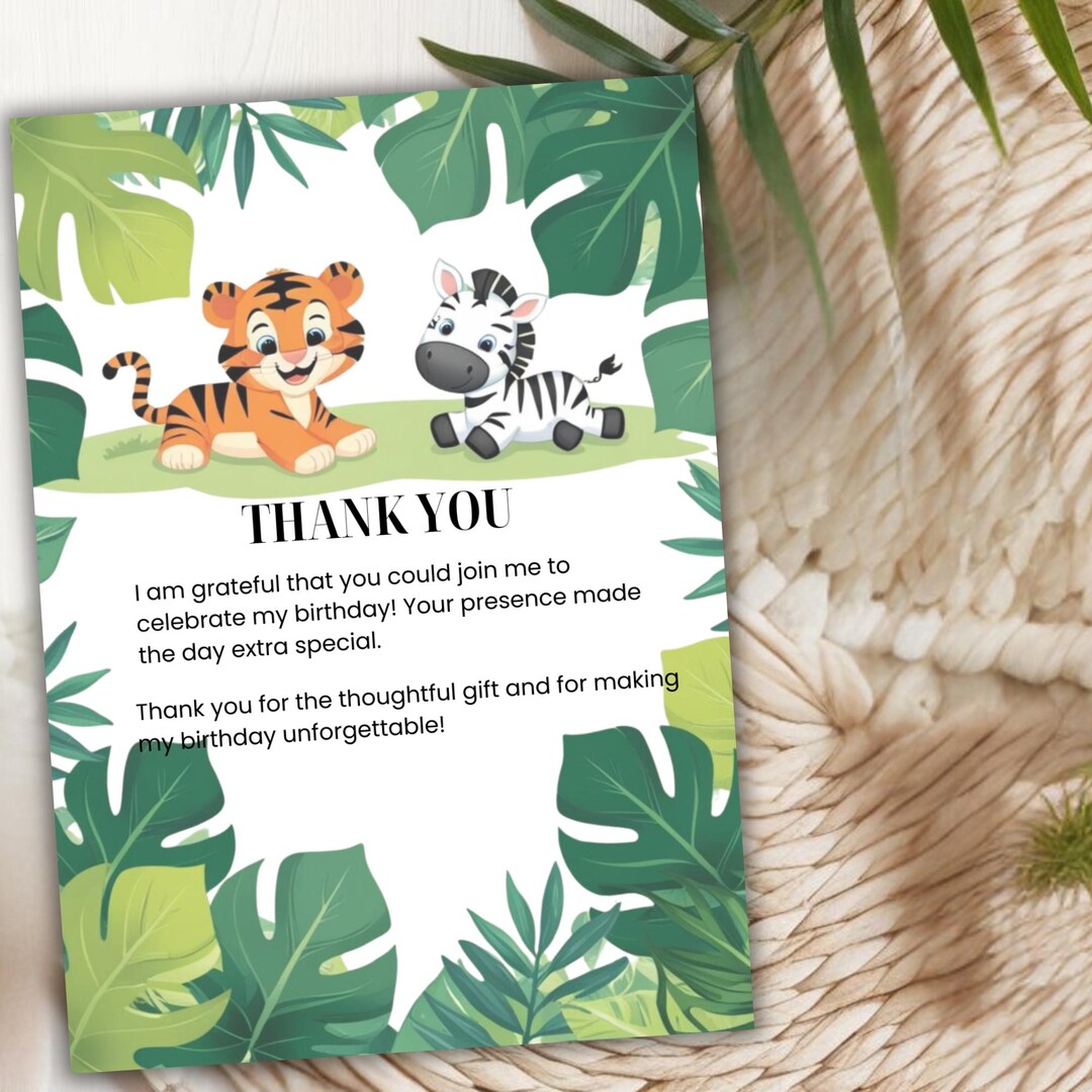 Safari Birthday Thank You Card Template: Jungle Animals (INSTANT ...