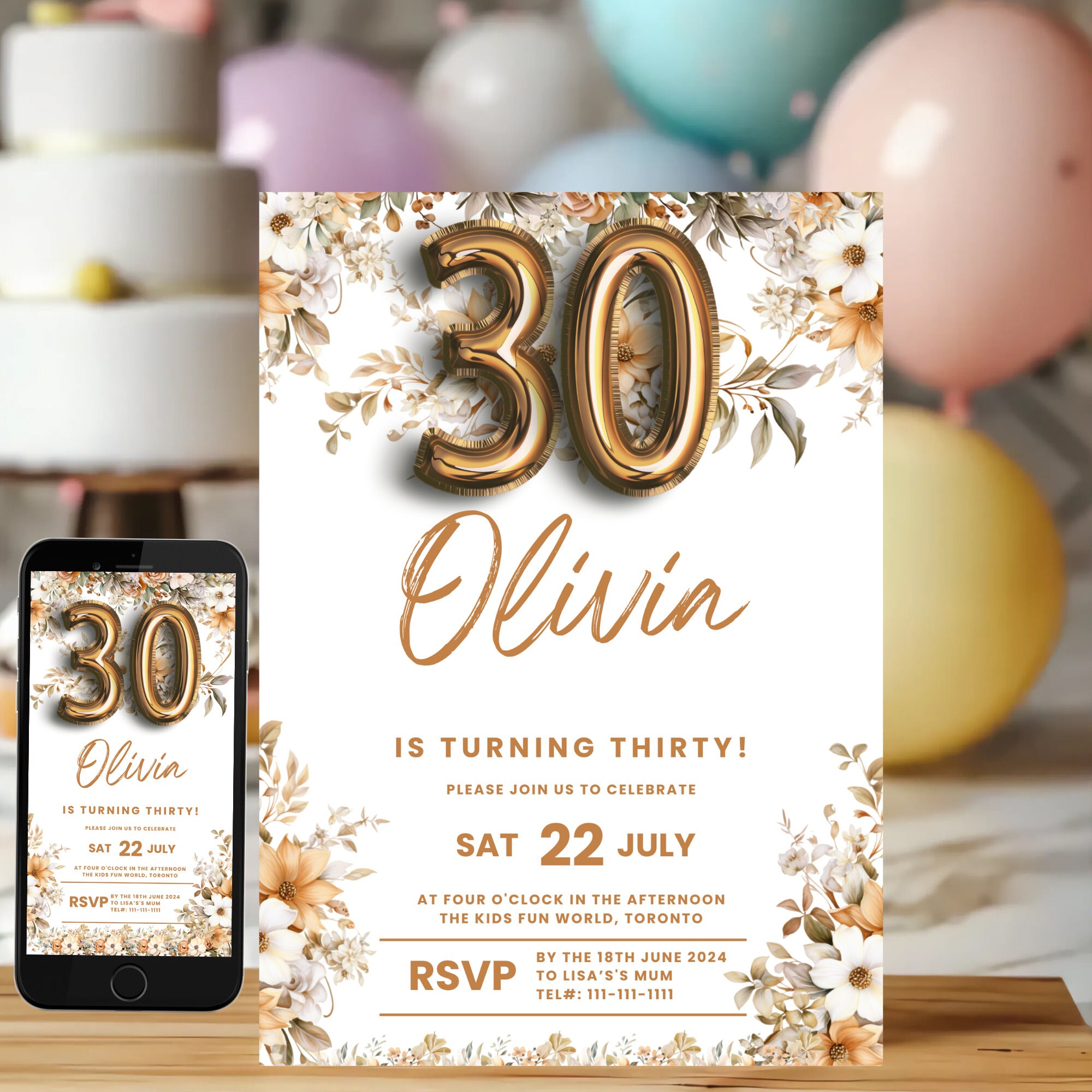 Editable 30th Birthday Invitation, Thirtieth Birthday Invite, Floral ...