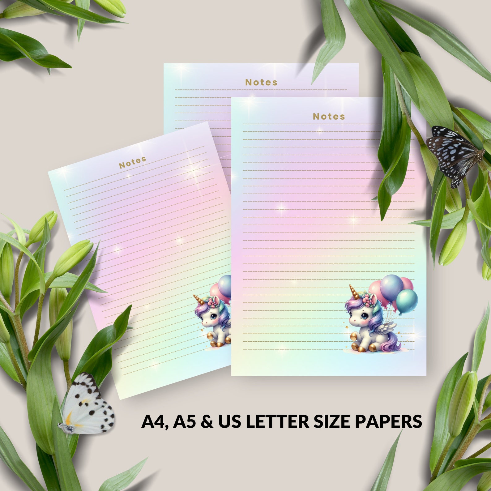 Printable Lined and Blank Unicorn Writing Stationery Set, Instant ...