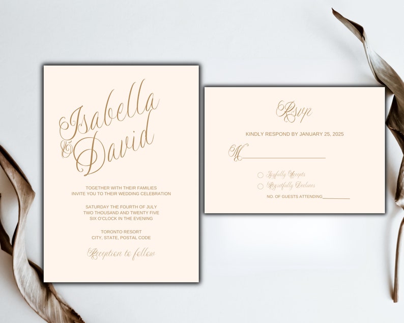 Editable Gold Script Wedding Invitation and RSVP Card, Printable Wedding Invite Template ...