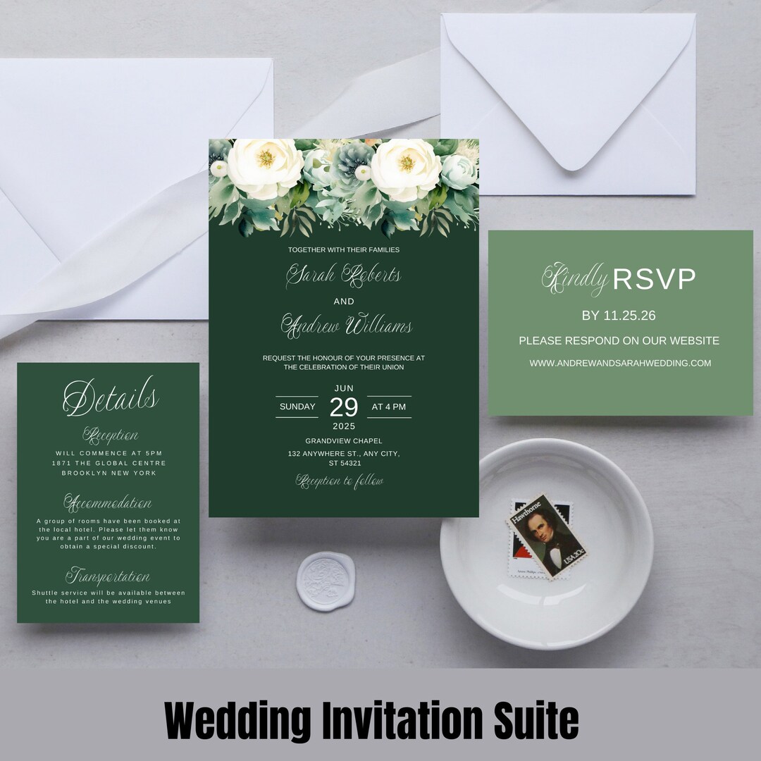 Editable Green Wedding Invitation Suite Template Instant Download ...