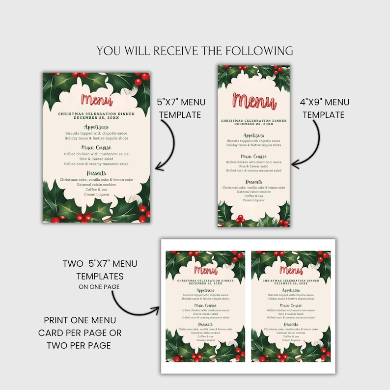 Holly Christmas Dinner Menu Template, Red and Green, Editable (instant ...