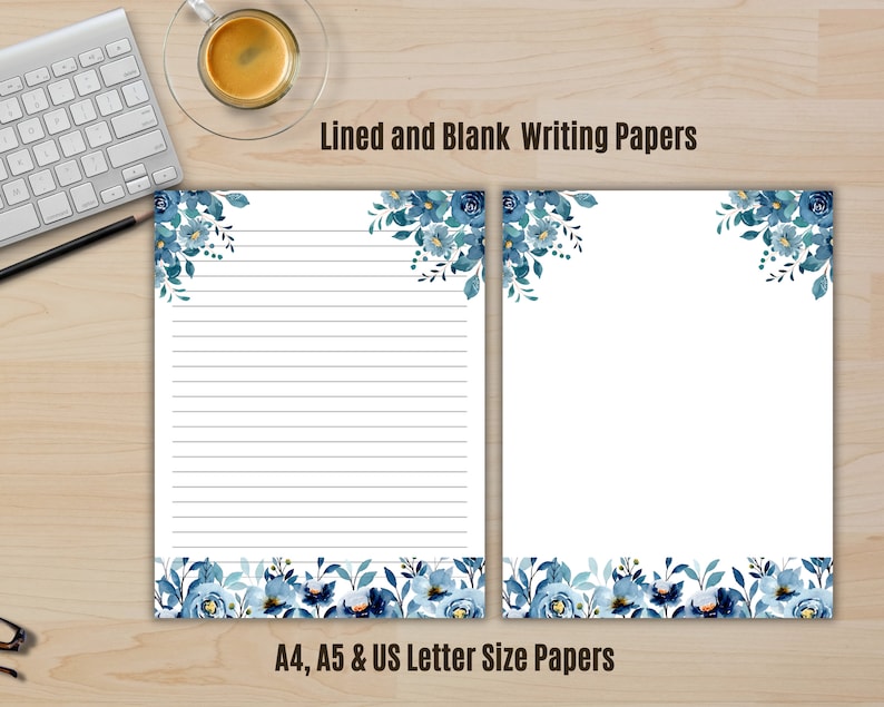 Printable Blue Floral Letter Writing Papers, Lined and Blank Writing ...