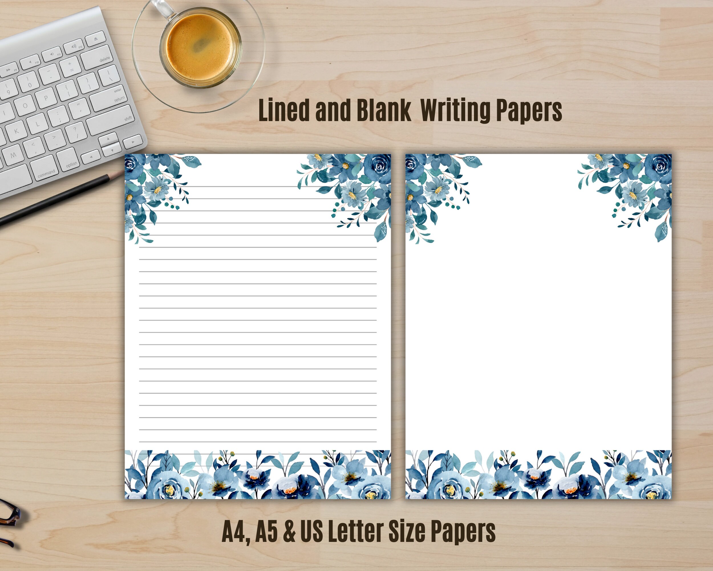 Printable Blue Floral Letter Writing Papers, Lined and Blank Writing ...