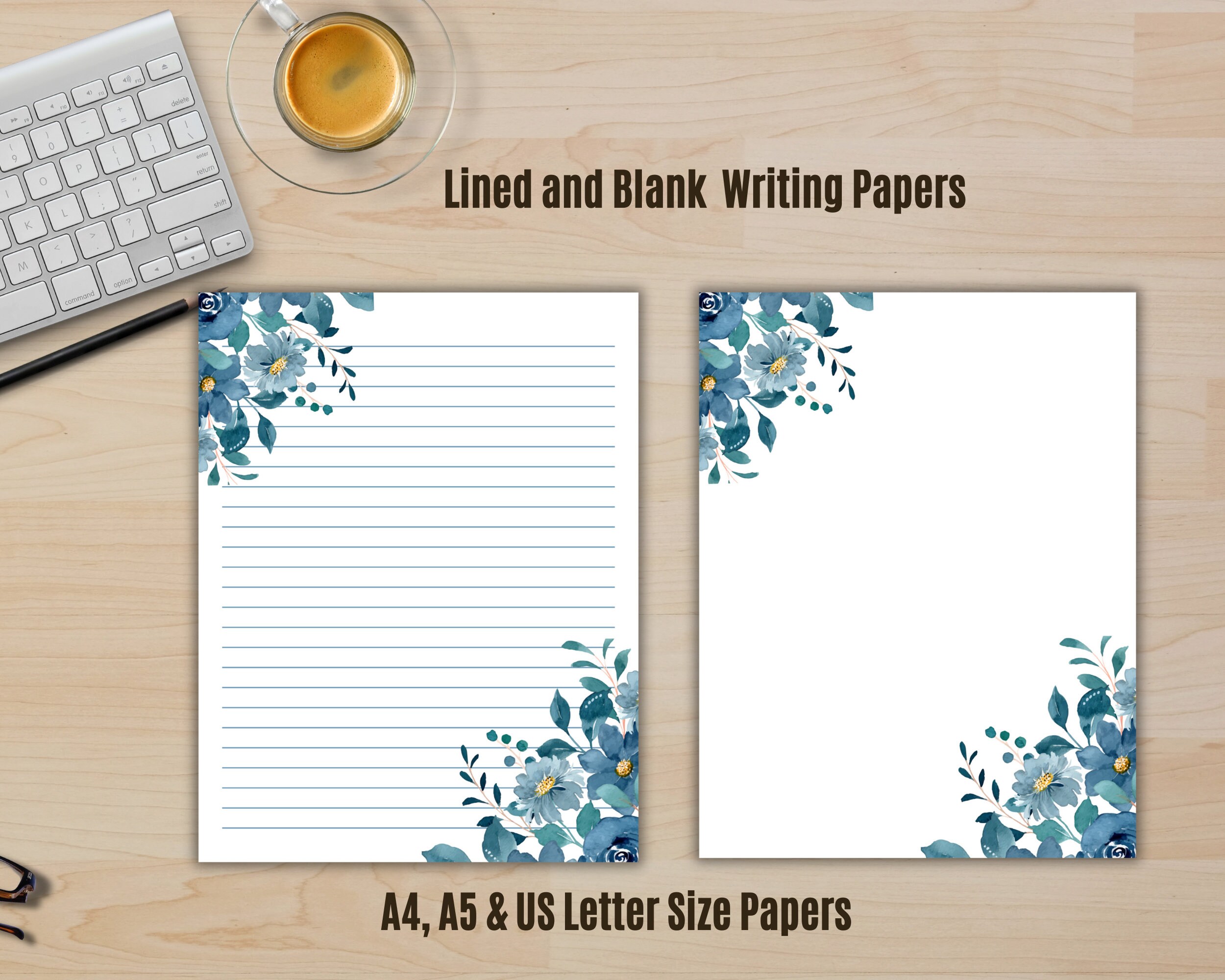 Printable Blue Floral Letter Writing Papers Lined and Blank - Etsy