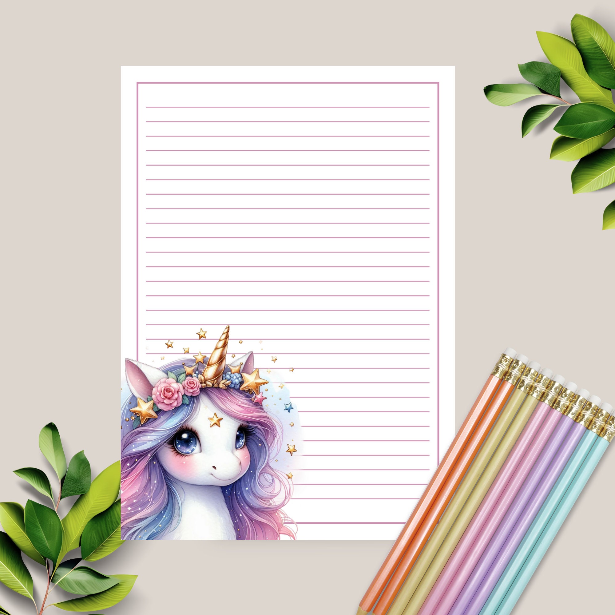Printable Lined and Blank Unicorn Writing Stationery Set, Instant ...