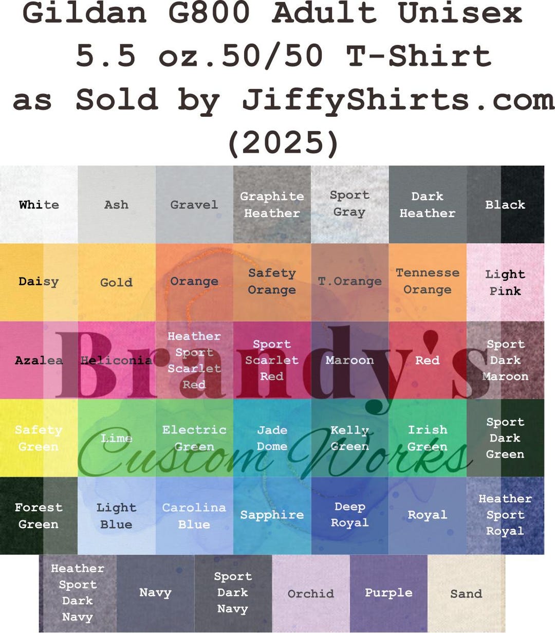 Gildan G800 Adult Unisex 5.5 Oz. 50/50 T-shirt Fabric Color Swatch ...