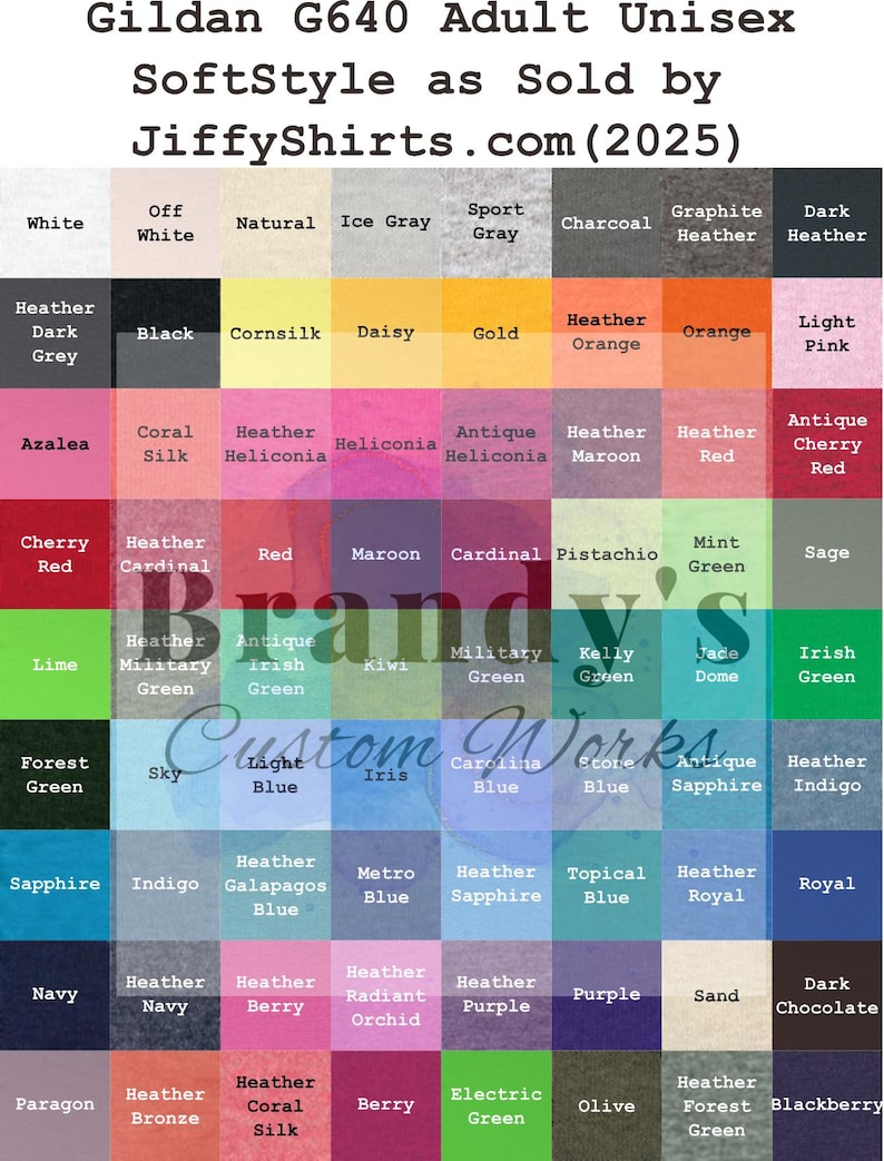 Gildan G640 Adult Unisex Softstyle Fabric Color Swatch Chart - Etsy