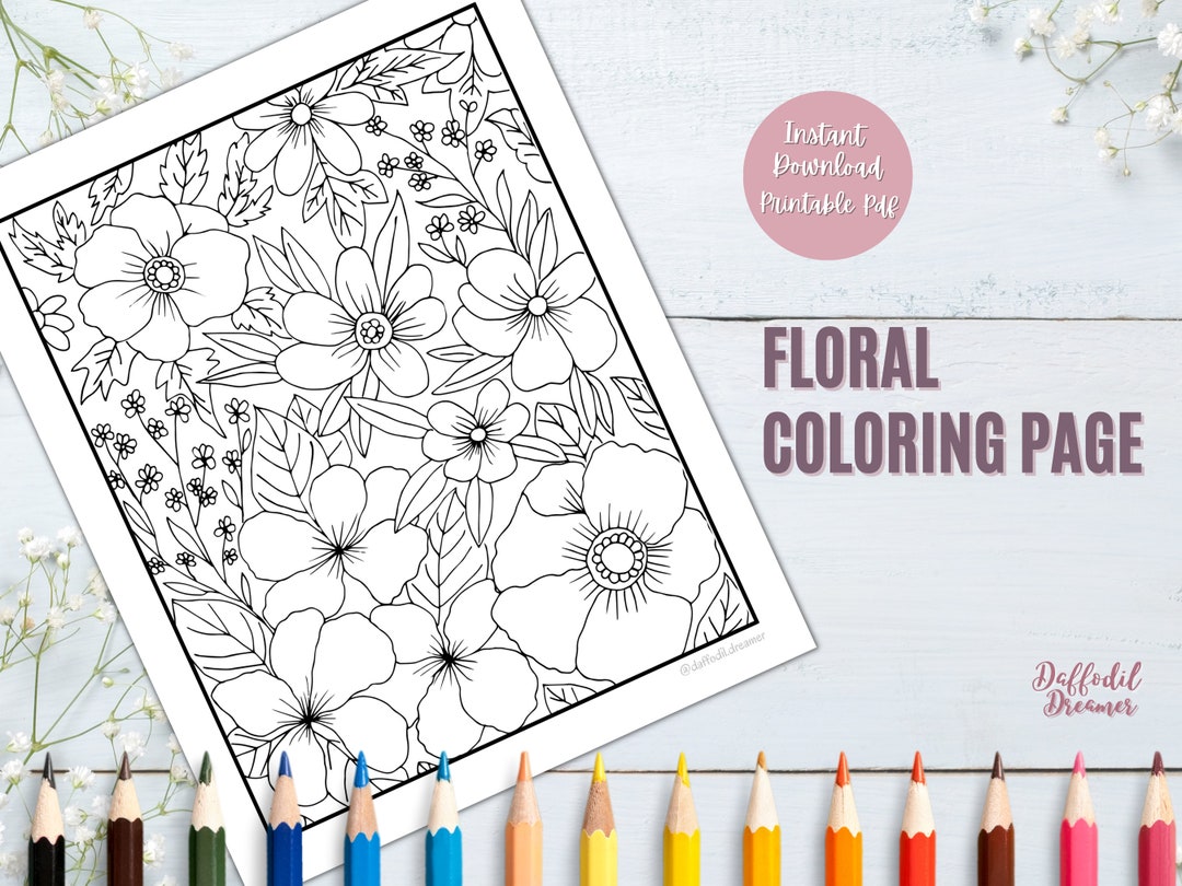 Relaxed Coloring Page for Adults, Beautiful Florals Printable, Digital ...
