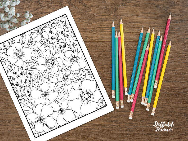 Relaxed Coloring Page for Adults, Beautiful Florals Printable, Digital ...