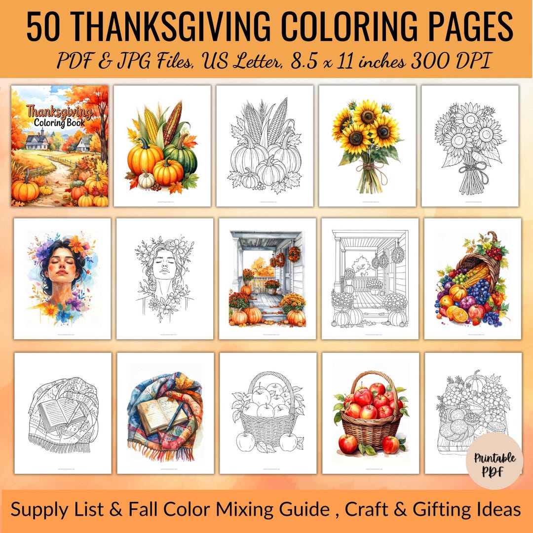 Thanksgiving Coloring Pages for Adults & Kids, Fall Printable Activity ...