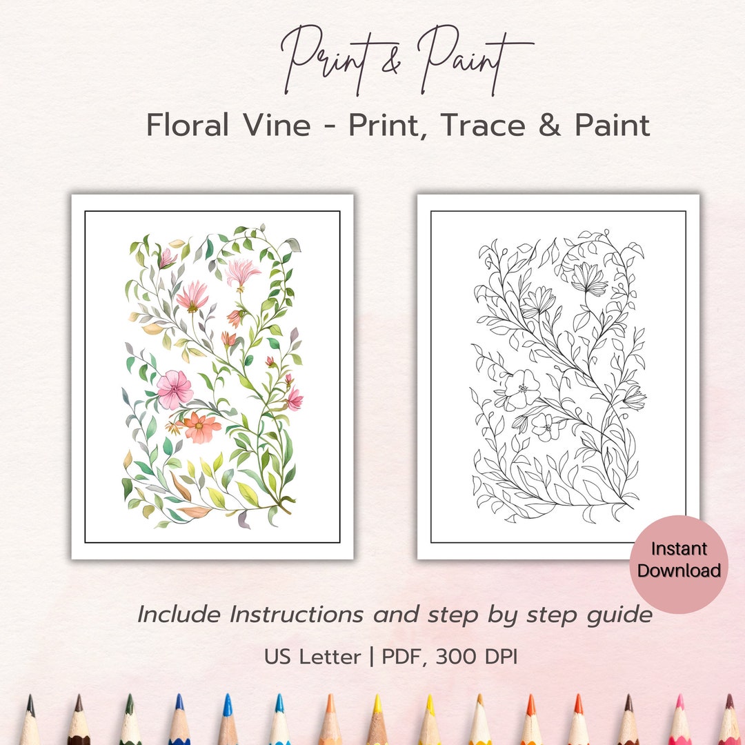 Buy Print & Paint Floral Vine, Pre-drawn Outline Canvas, Paint and Sip ...