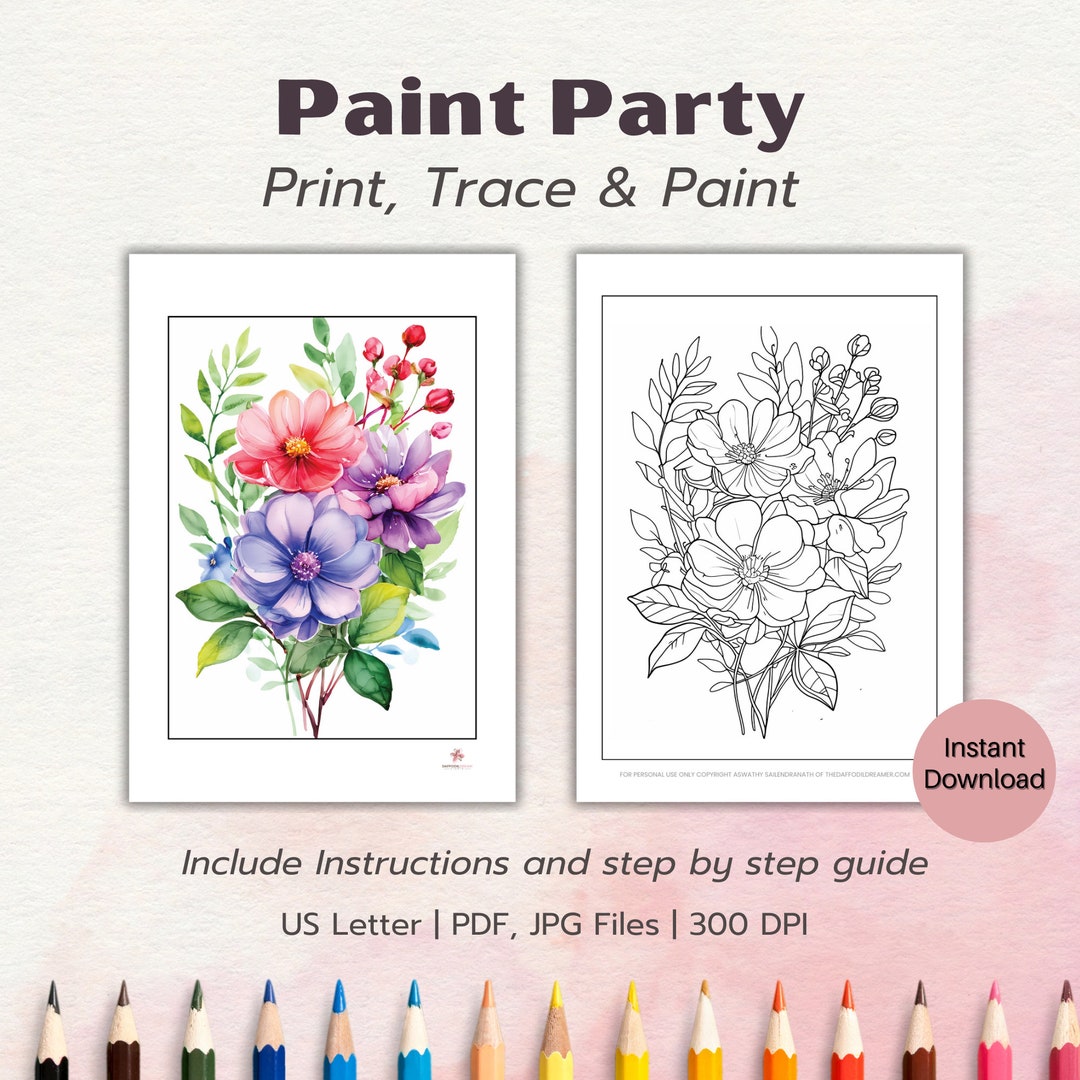 Vibrant Floral Bouquet Paint Party Printable, Spring Flowers Stencil ...