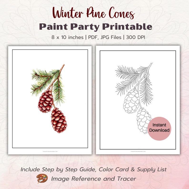 Winter Pine Cones Paint Party Printable • Pinecone Watercolor Template ...
