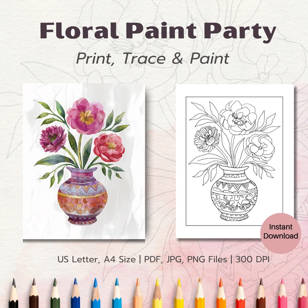 Spring Paint Party Printable, Paint and Sip Kit Printable, Flower Vase ...