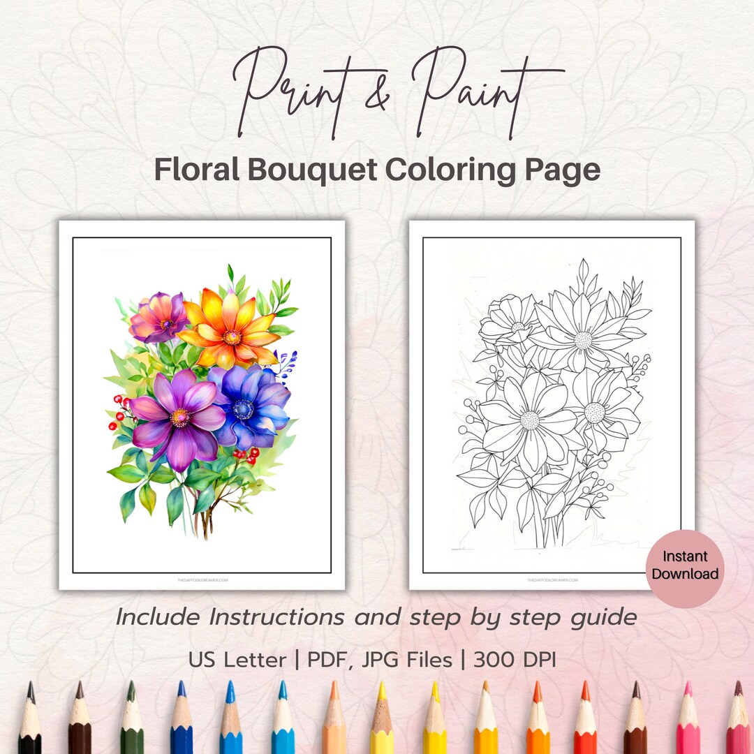 Vibrant Floral Bouquet Print, Spring Flower Stencil, Pre-drawn Outline ...