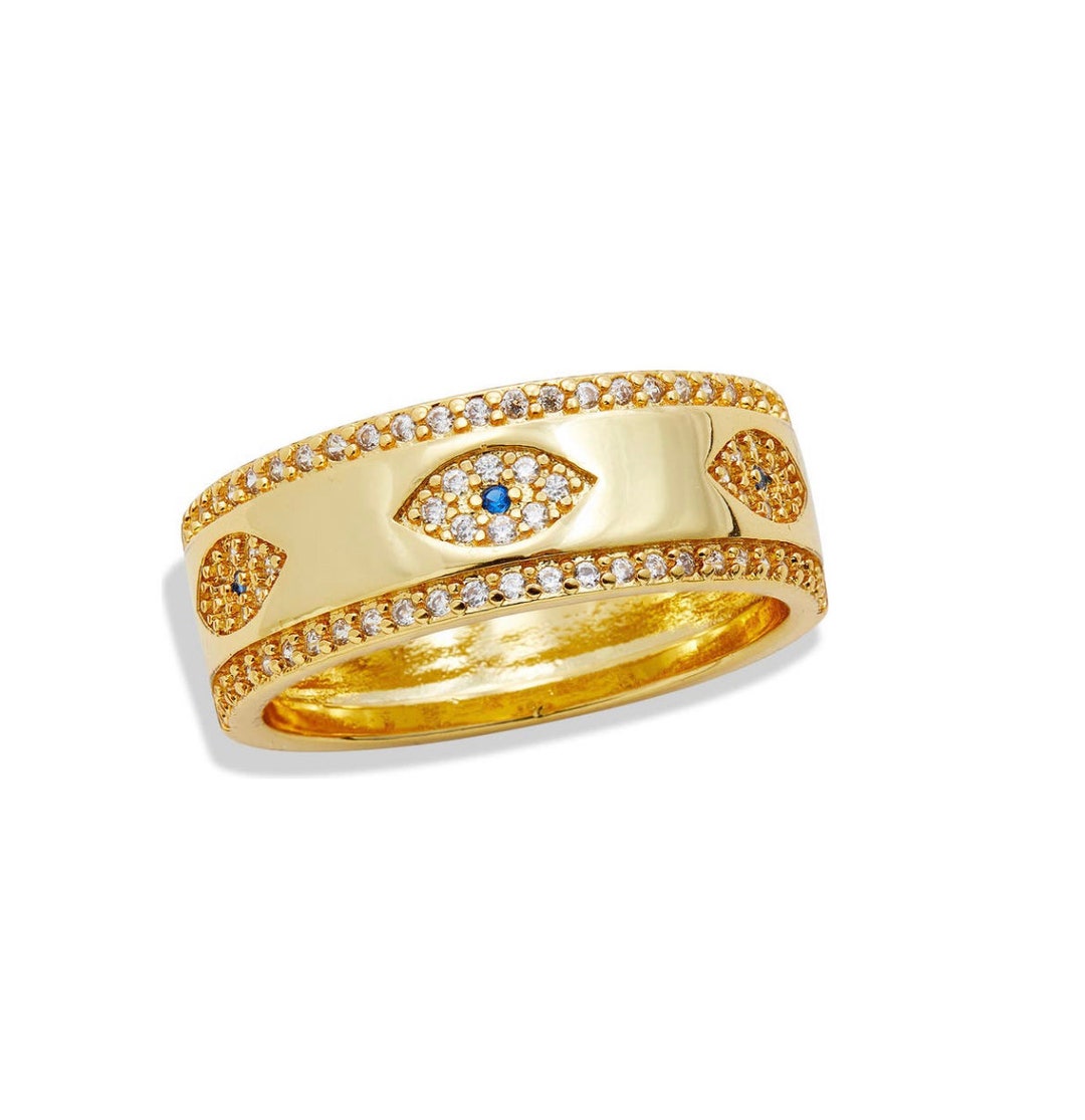 18K Yellow Gold Plated Evil Eye Band Ring - Etsy