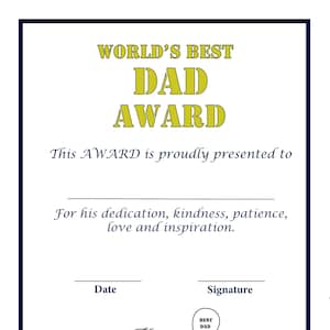 World's Best Dad Award Certificate From Daughter/son, DIGITAL DOWNLOAD ...