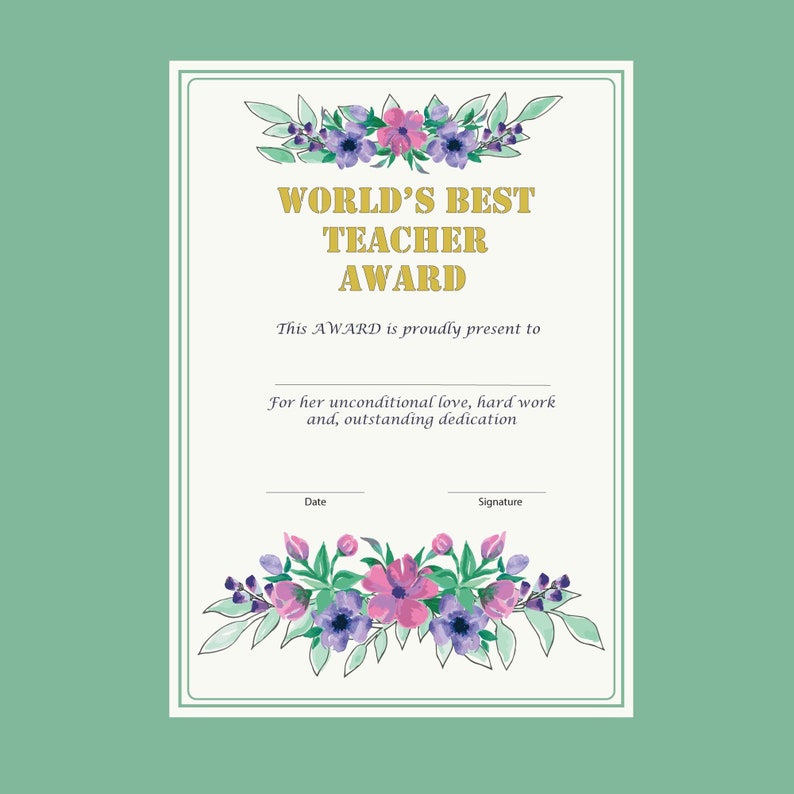 Printable Best Teacher Certificates Template,(he/she), 2, Teacher ...
