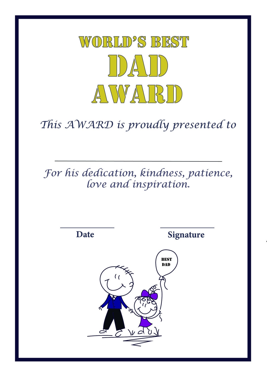 World's Best Dad Award Certificate From Daughter/son, DIGITAL DOWNLOAD ...