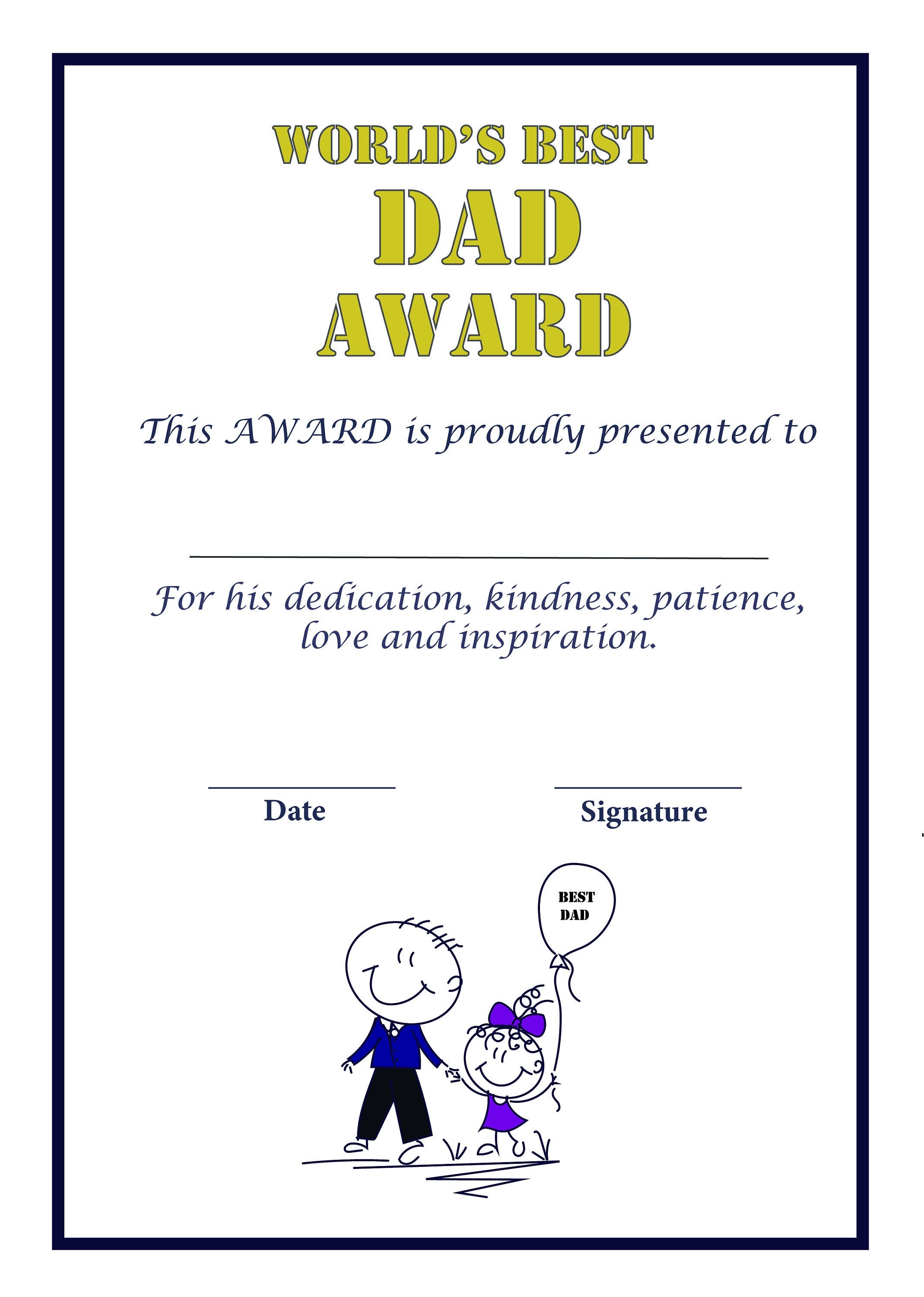World's Best Dad Award Certificate From Daughter/son, DIGITAL DOWNLOAD ...