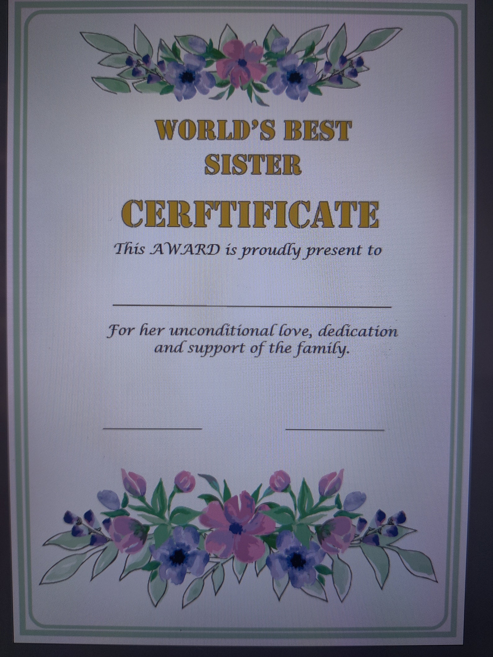 Best Sister Certificate DIGITAL DOWNLOAD Certificate for - Etsy