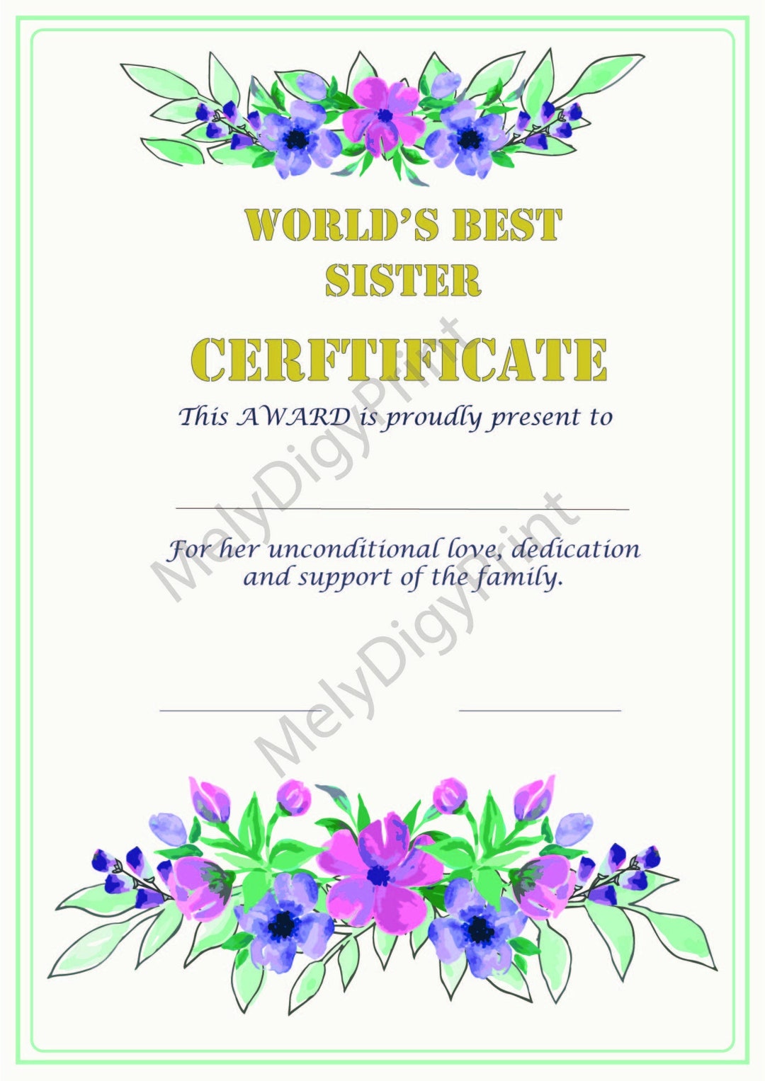 Best Sister Certificate DIGITAL DOWNLOAD Certificate for - Etsy