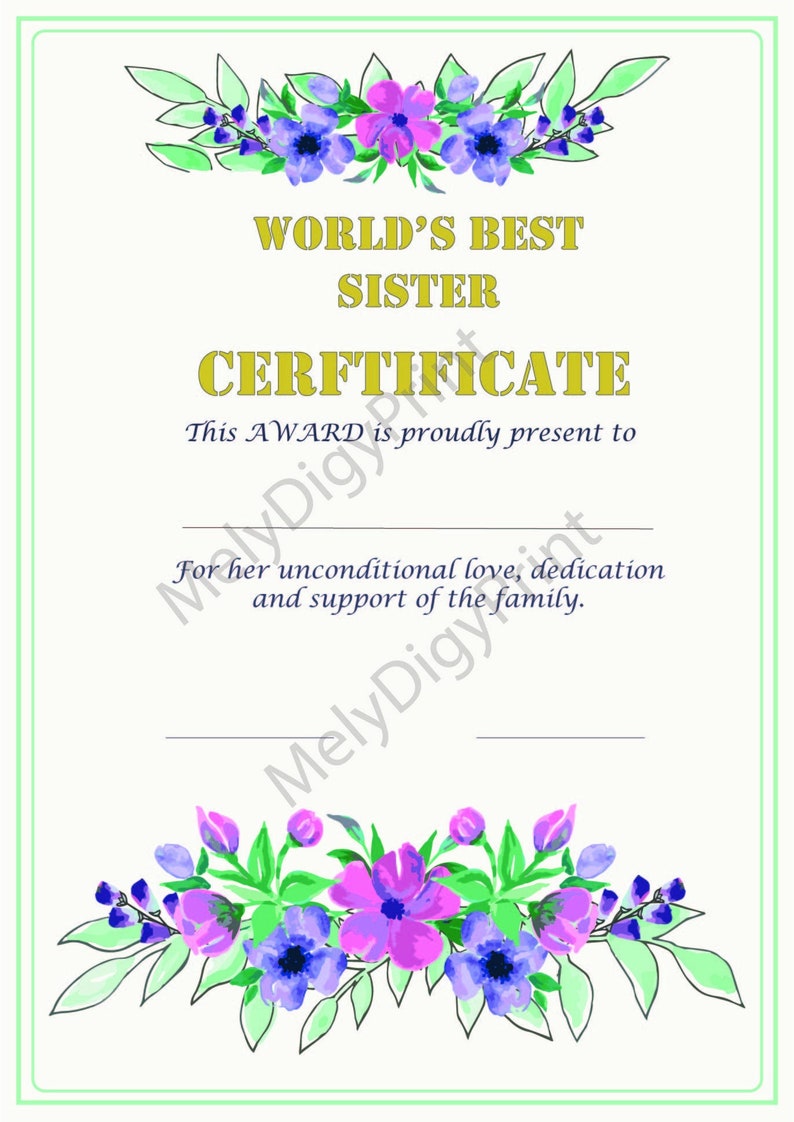 Best Sister Certificate DIGITAL DOWNLOAD Certificate for - Etsy