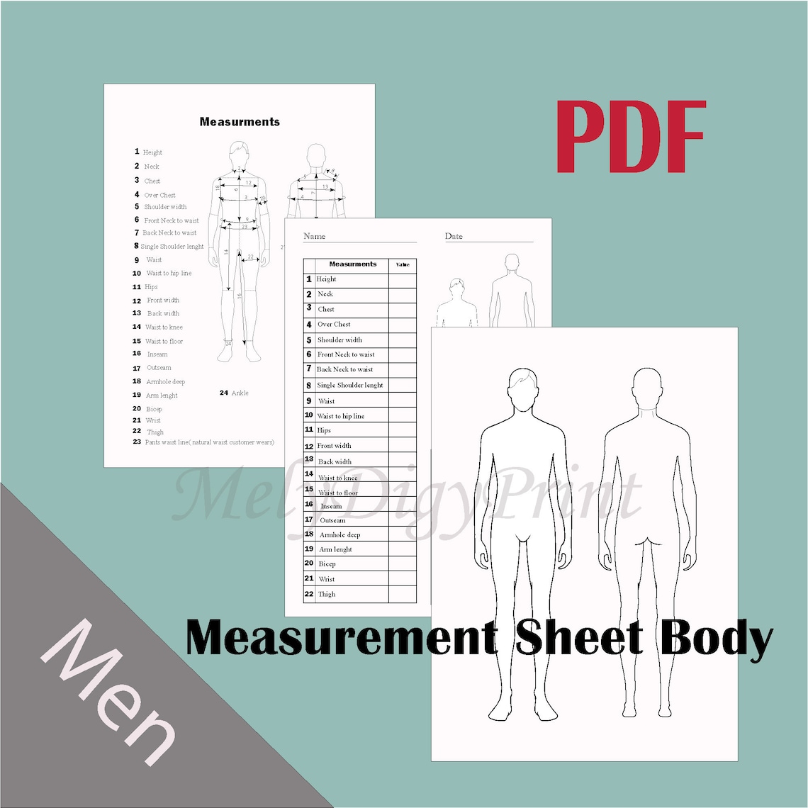 PRINTABLE Men's Body Measurement Sheet / Fashion Designer Template ...