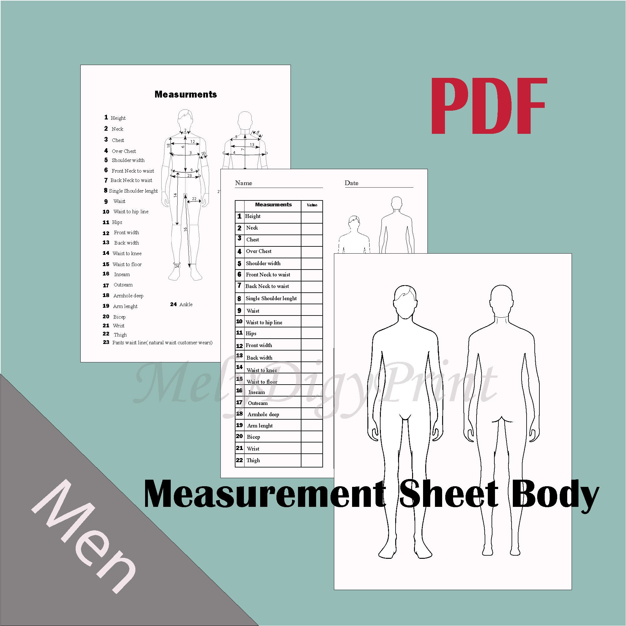Printable Mens Body Measurement Sheet Fashion Designer Template