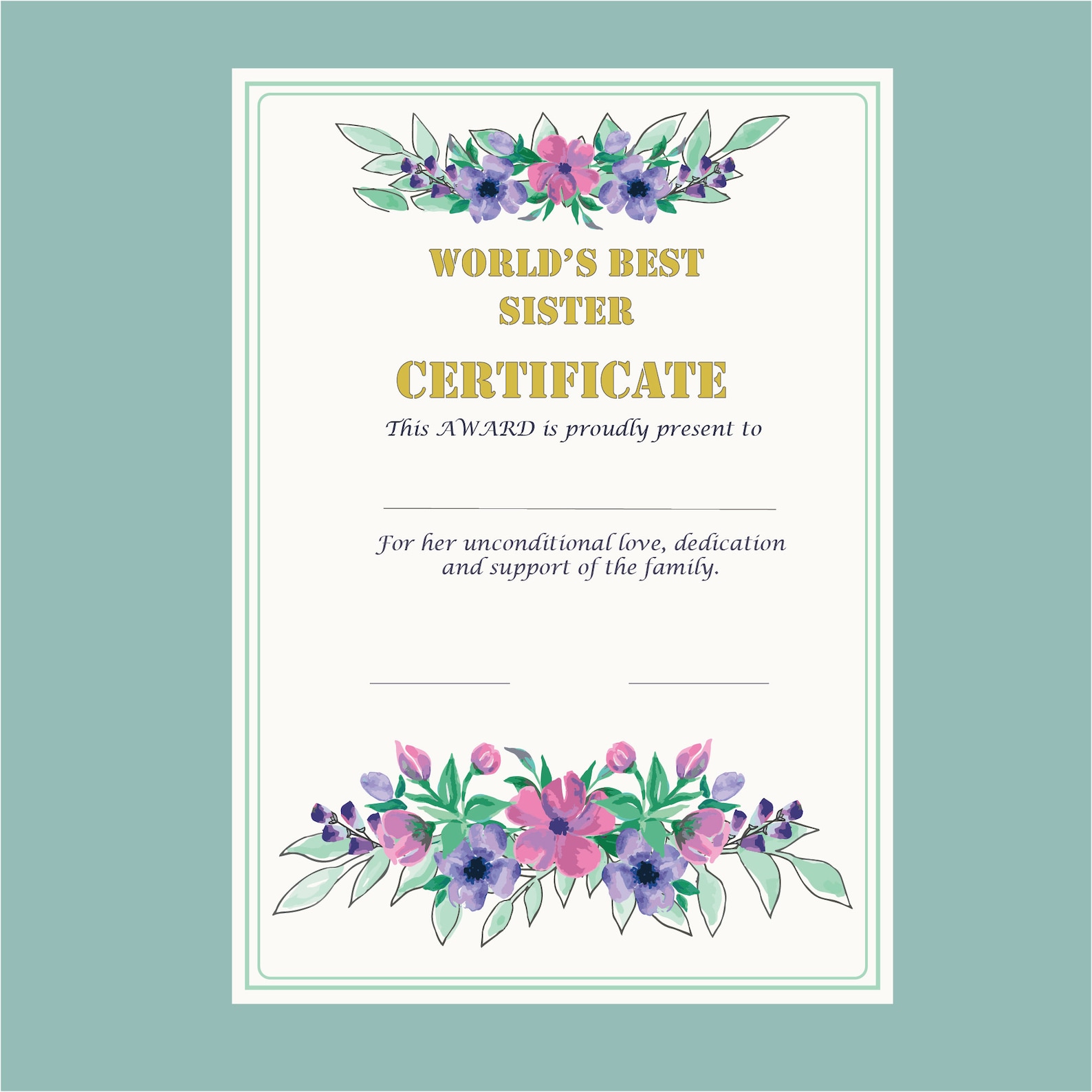 Best Sister Certificate, DIGITAL DOWNLOAD, Certificate for Sister, Gift ...