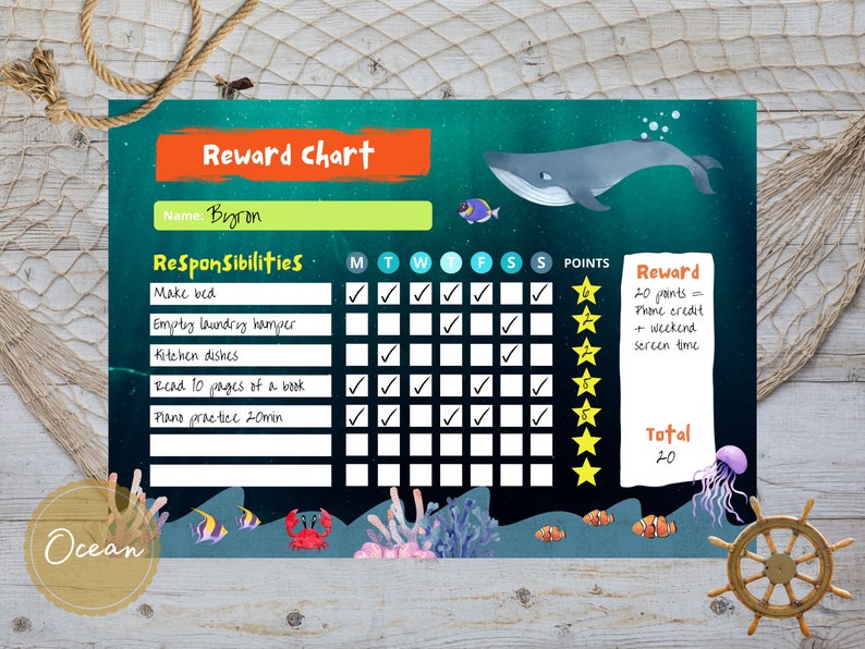 Kids Ocean Chore Chart, Chore Chart, Reward Chart, Printable Chore ...