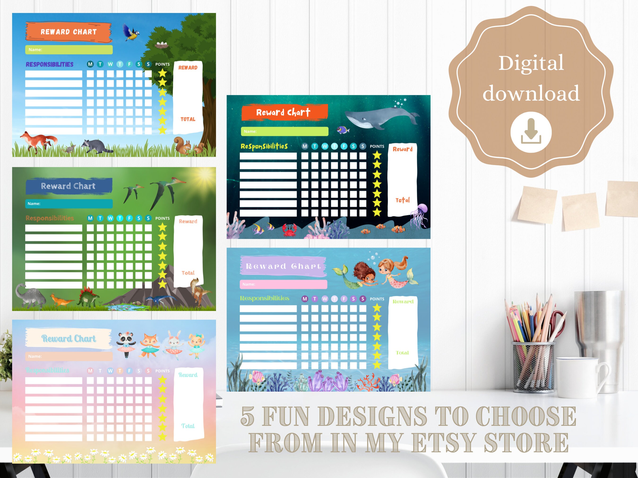 Kids Dinosaur Chore Chart, Printable Chore Chart, Reward Chart, Weekly ...