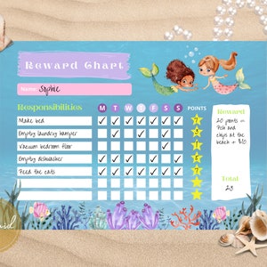 Kids Mermaid Chore Chart, Chore Chart, Reward Chart, Printable Chore ...