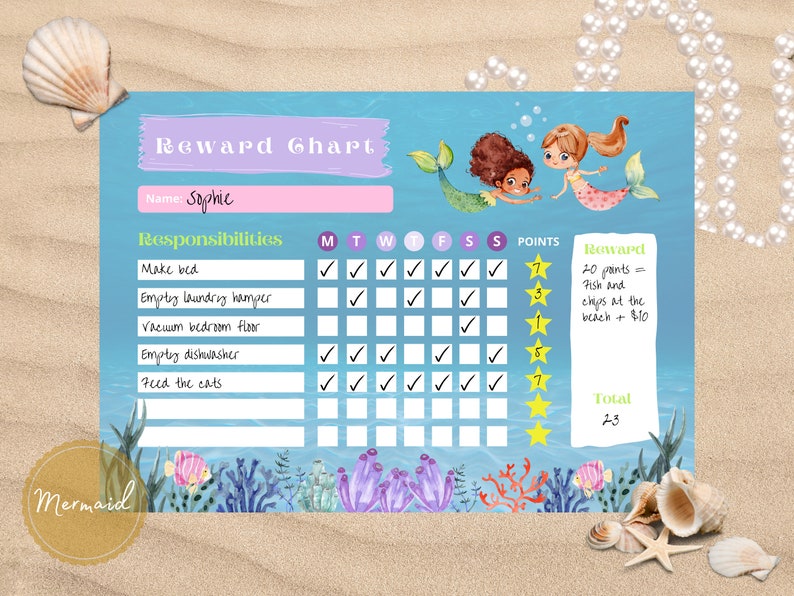 Kids Mermaid Chore Chart, Chore Chart, Reward Chart, Printable Chore ...