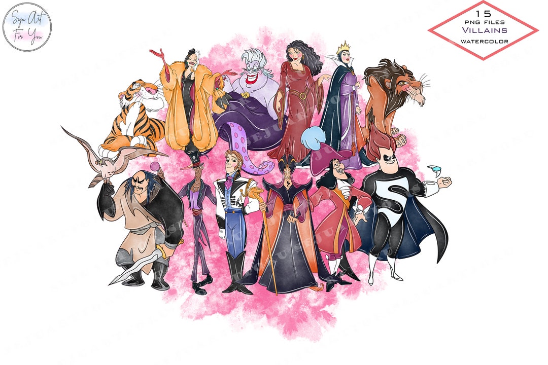 Villain Watercolor Clipart: Ursula, Hook, Cruella (PNG Files, Digital ...