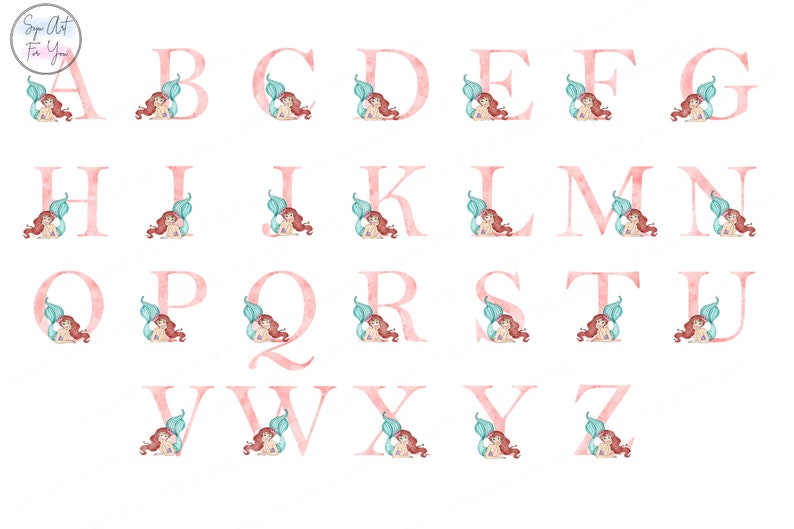 Ariel Watercolor Alphabet Clipart, Princess Letters (PNG) - Etsy