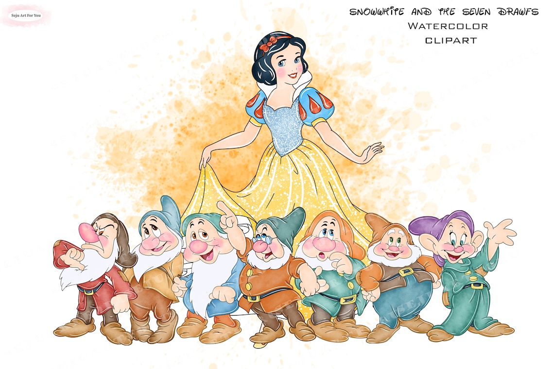 Snow White Watercolor Clipart, Princess and Seven Dwarfs (digital ...