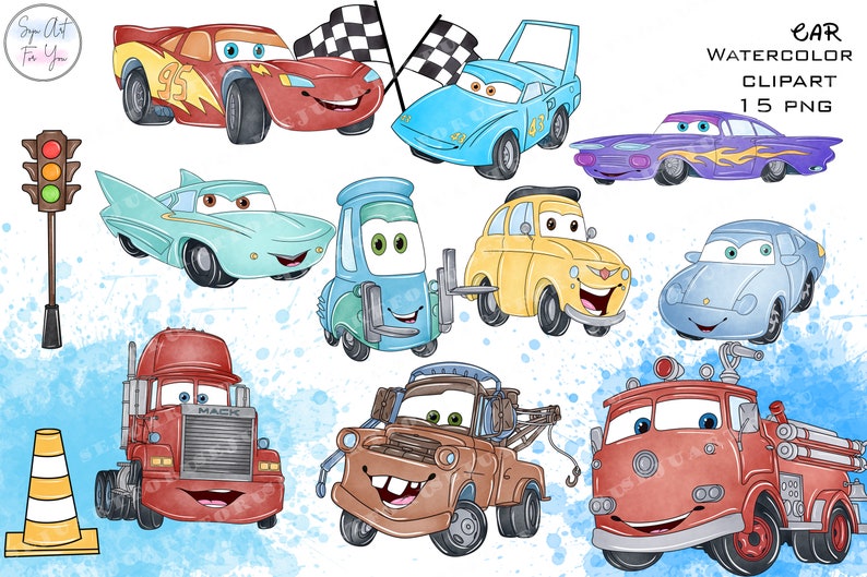 Watercolor Cars Clipart Bundle, Lightning Mcqueen PNG (digital Download ...