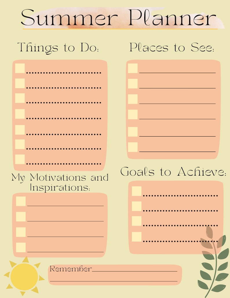 Summer Planner Goal Setting Printable PDF Goal Planner Worksheet Summer ...