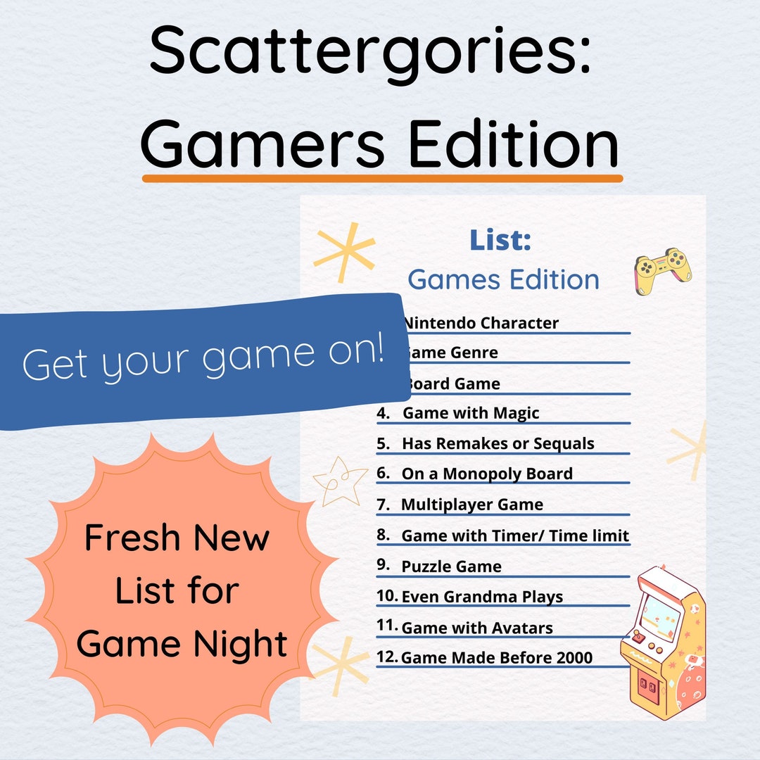 Scattergories List, Gamers Edition, Scattegories Game, Printable Adult ...