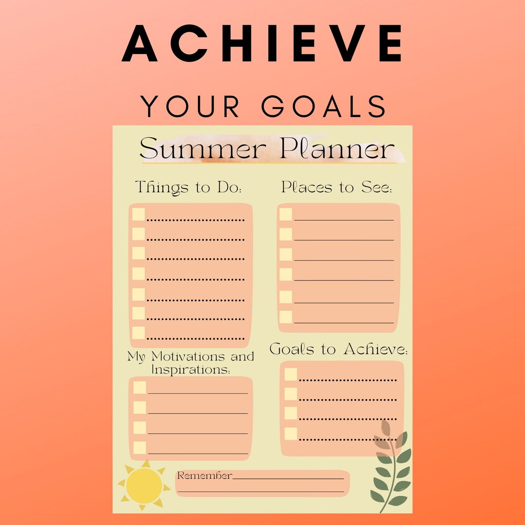 Summer Planner Goal Setting Printable PDF Goal Planner Worksheet Summer ...