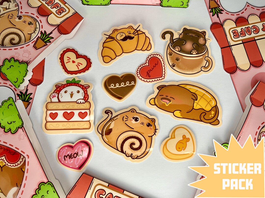 Cat Café Sticker Set, Kawaii Bakery Cat Bundle, Cute Cafe Kitty Pack ...