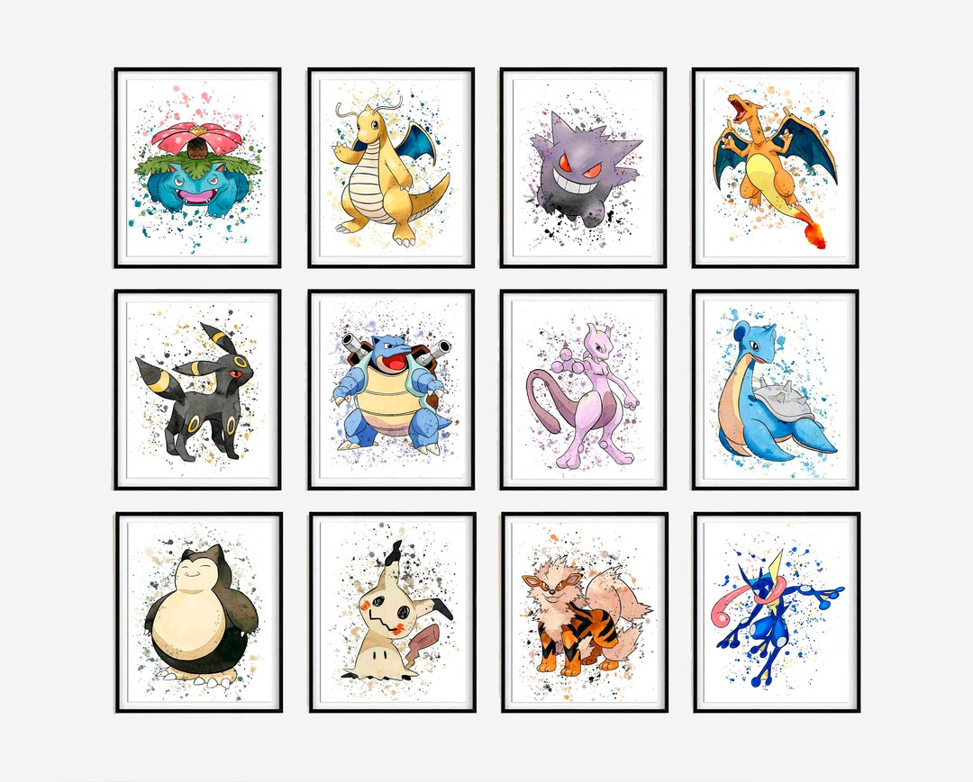 Set of 12 Pokémon Watercolor Prints — Charizard, Mewtwo, Snorlax ...