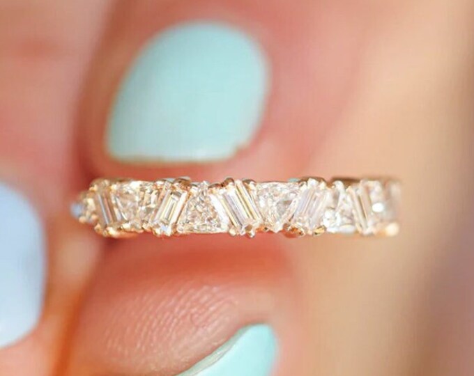 Trillion & Baguette Cut Half Eternity Ring, Minimalist Engagement Ring ...