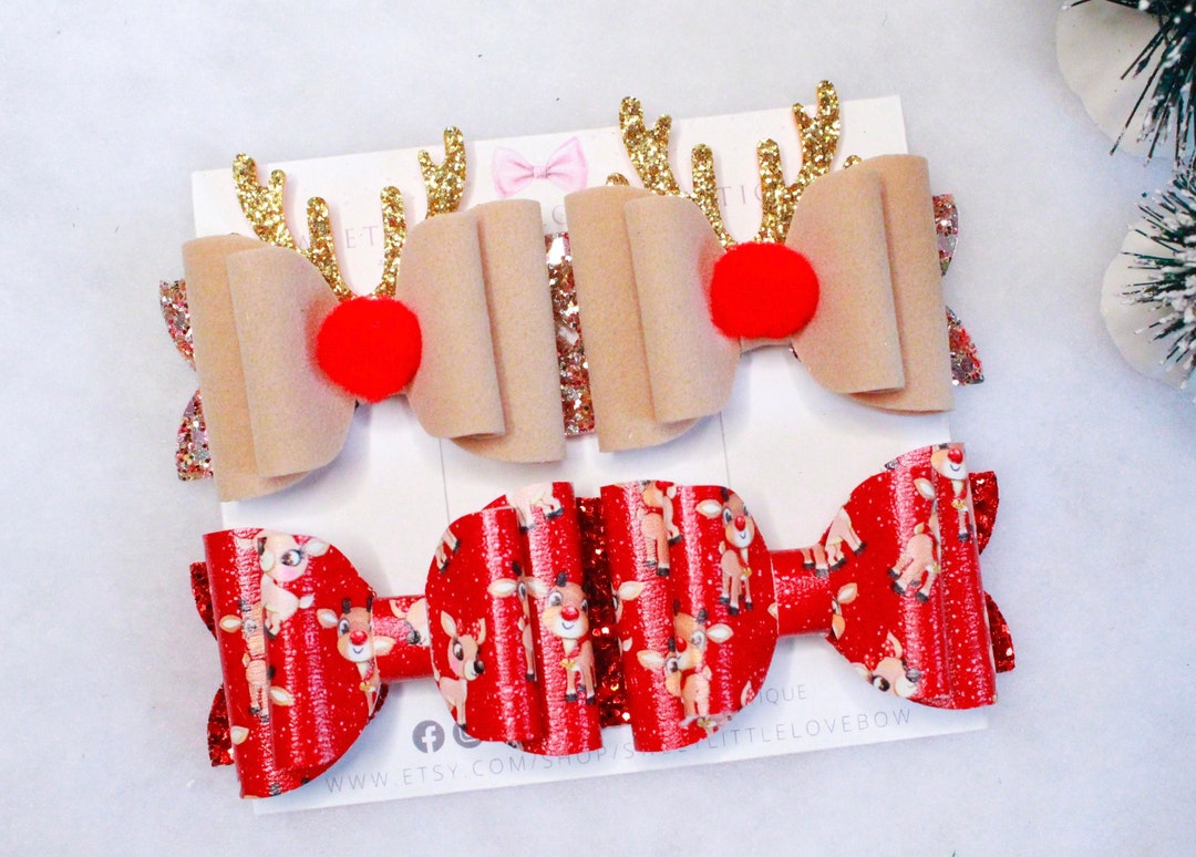 Reindeer Bow Set, Rudolph Red Nose Reindeer Bows, Rudolph Hair Clips ...