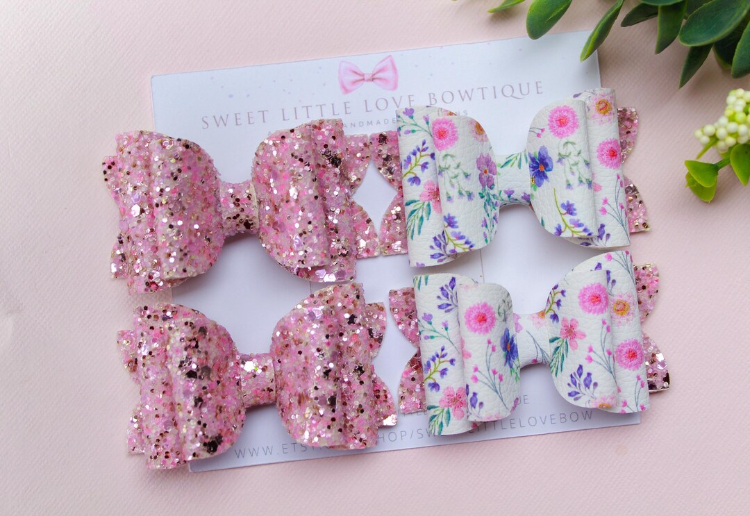 Spring Floral Pigtail Bows, Easter Inspired Pigtail Set, Purple Glitter ...