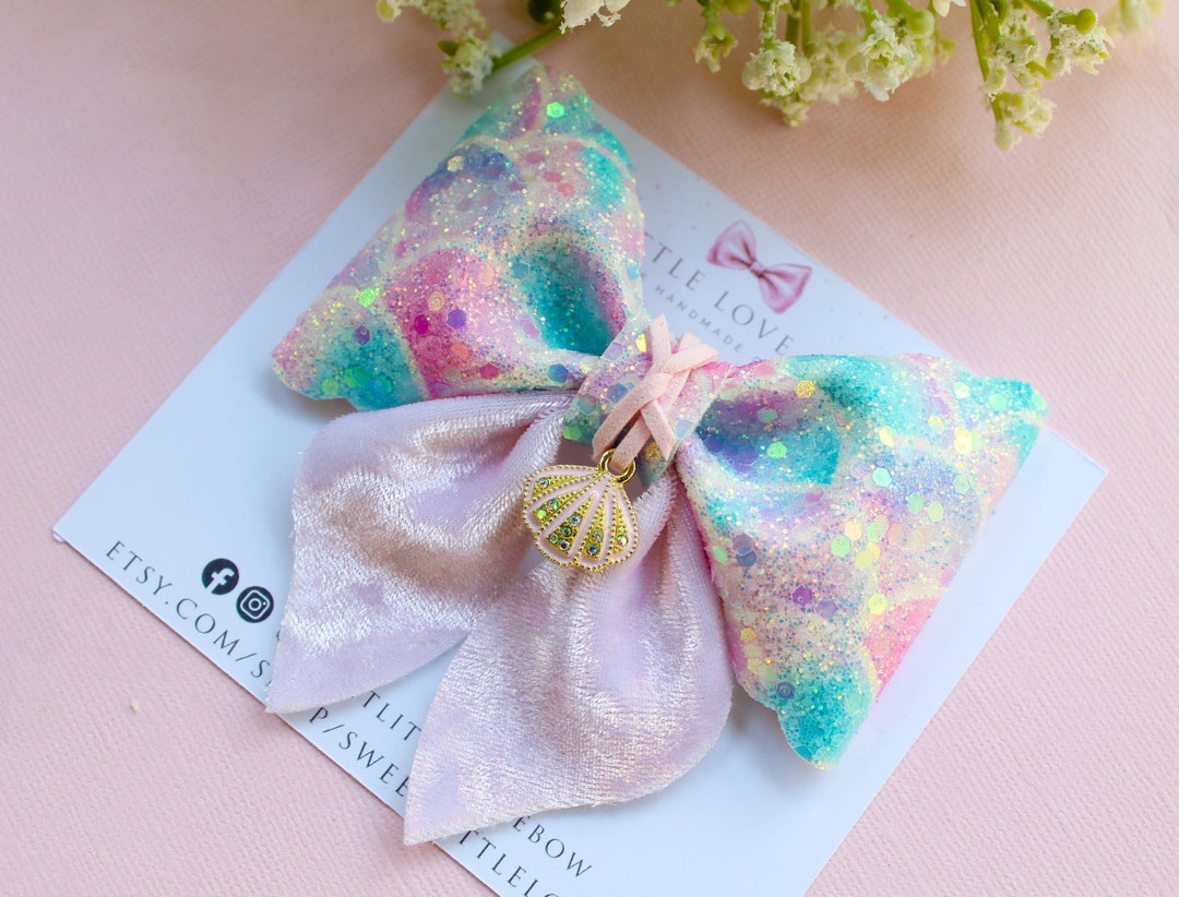 Pink and Blue Mermaid Inspired Hair Bow, Seashell Hair Clip, Velvet Bow ...