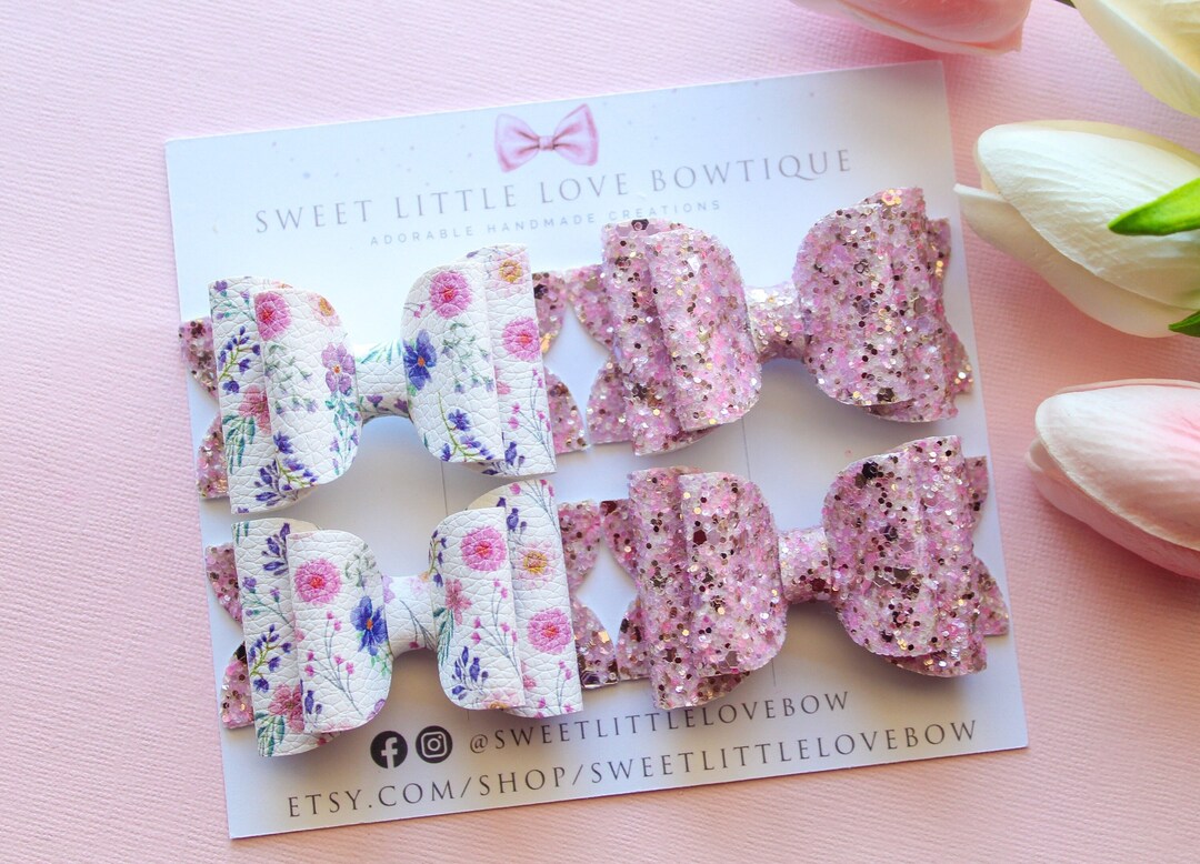 Spring Floral Pigtail Bows, Easter Inspired Pigtail Set, Purple Glitter ...